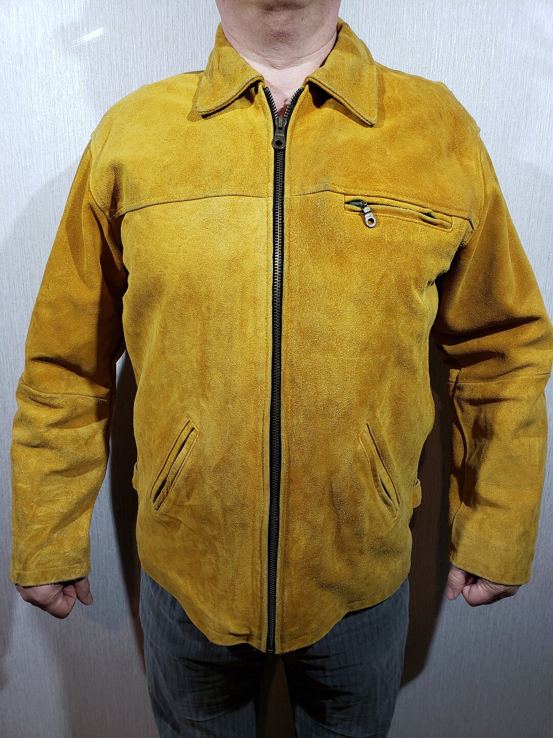 Vintage Yellow Suede Men's Jacket: Zippered, Pockets, Adjustable - Etsy