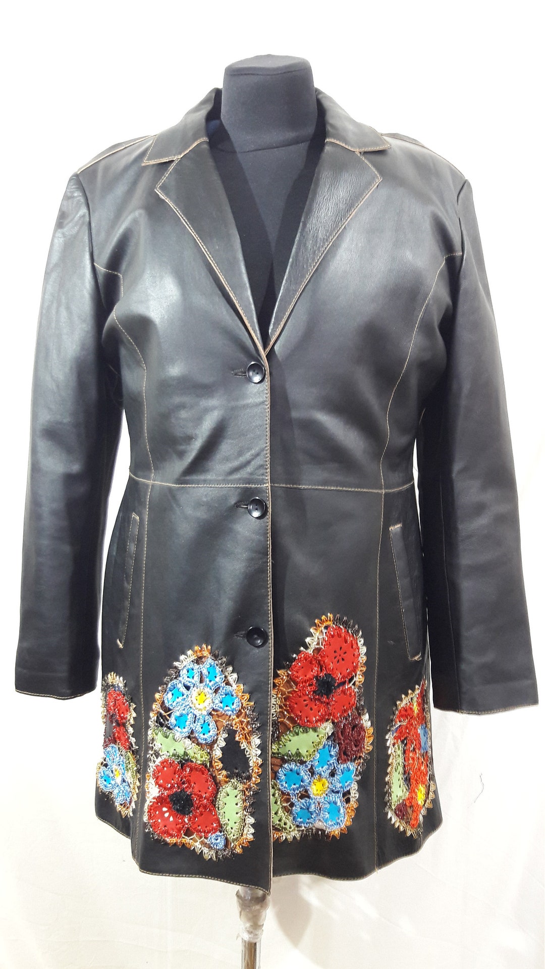 Upcycled Vintage Leather Jacket: Black Floral Appliqué, Women's Genuine ...