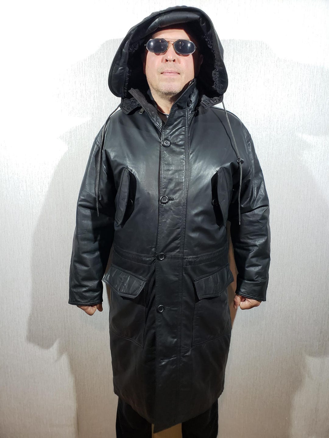 Stylish Long Leather Jacket for Men. Black Long Men's Coat With a Hood ...