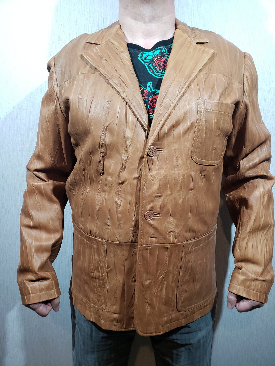 Stylish Men's Leather Jacket With Buttons. Light Brown Leather Jacket ...