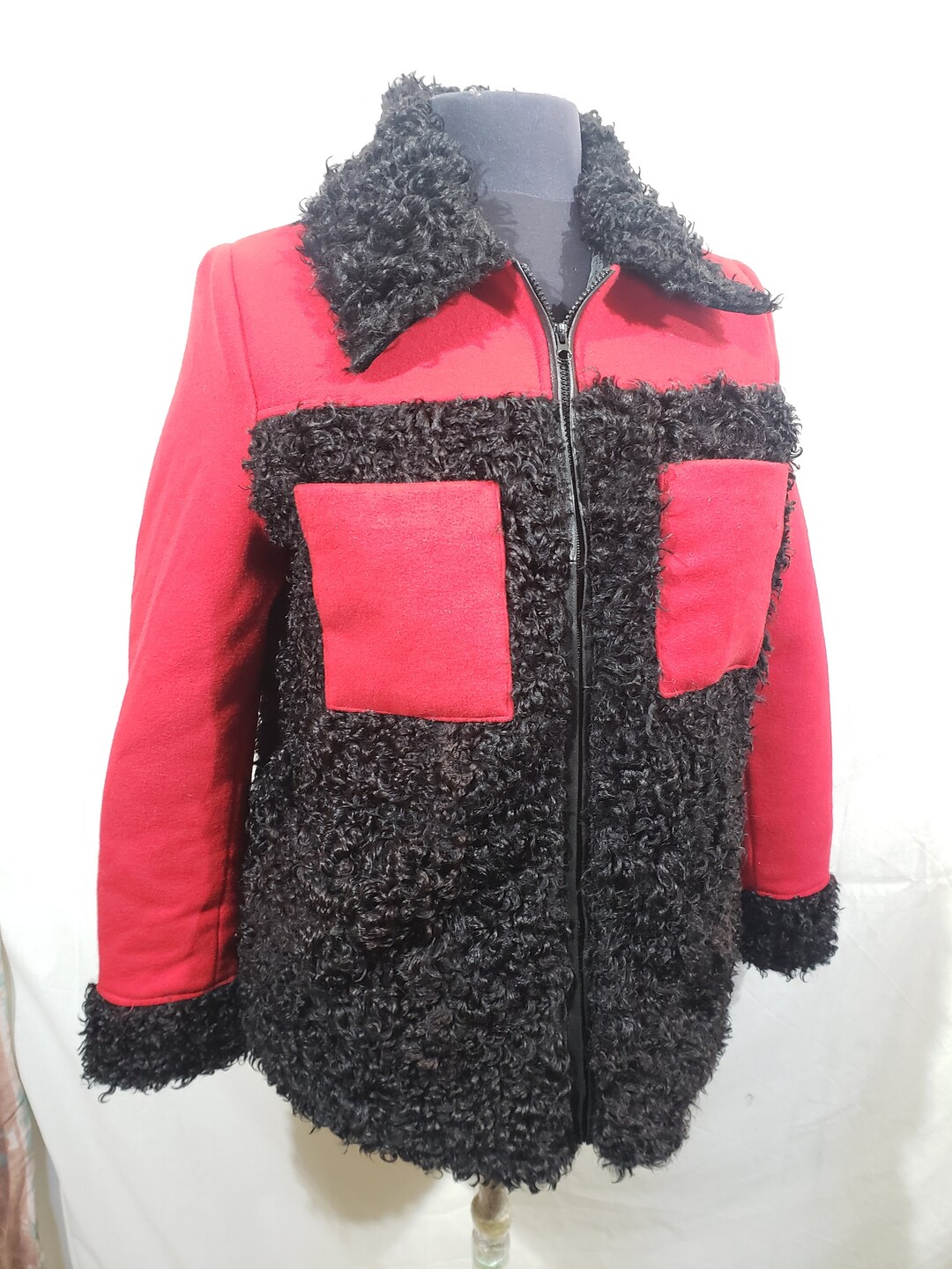Combined Fur Coat Made of Black Astrakhan Fur and Woolen Fabric. Warm ...