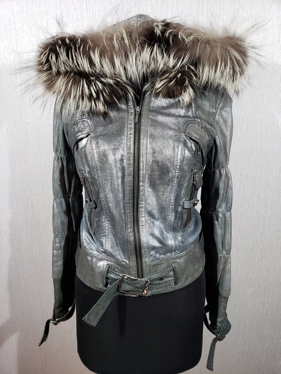 Stylish Women's Silver Leather Jacket. Gorgeous Silver Hooded Belted ...