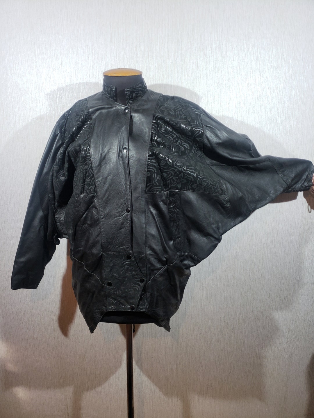 Batwing Leather Jacket: Black Painted Suede, Stand-up Collar - Etsy
