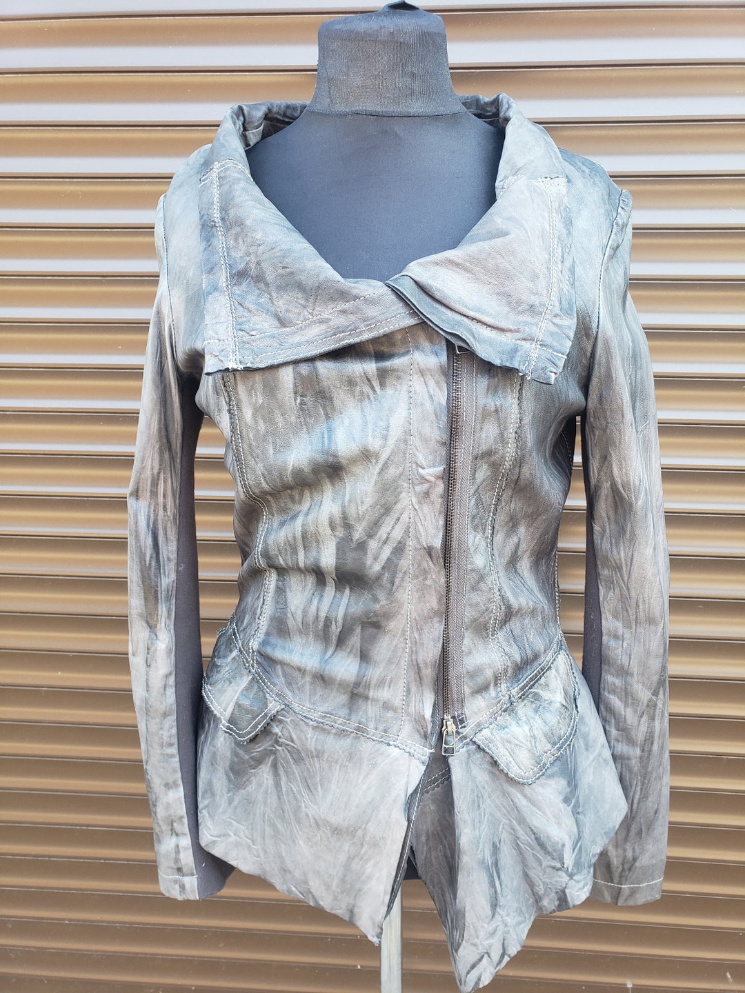 HOLD FOR AO Gray Leather Biker Jacket: Women's Wide Collar Zip-up - Etsy