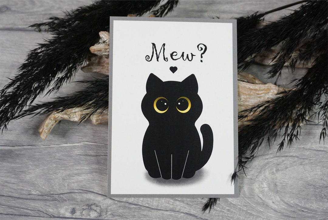 Postcard With Slogan "mew", Black Cat, Heart, Cute, Love, Greetings ...