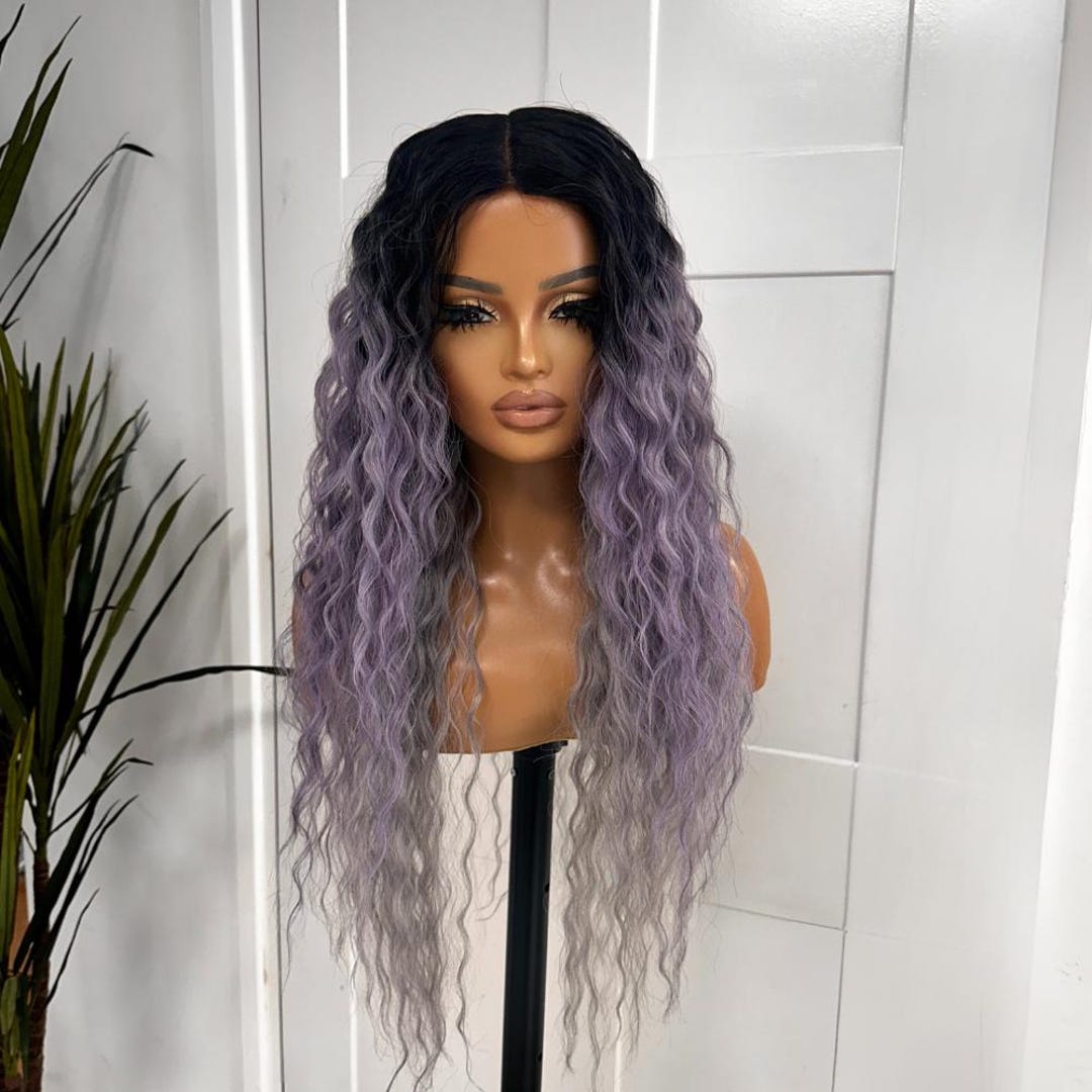 Black/ Purple /grey Sombre Long Layered Beach Wave Lace Part Wig Heat ...