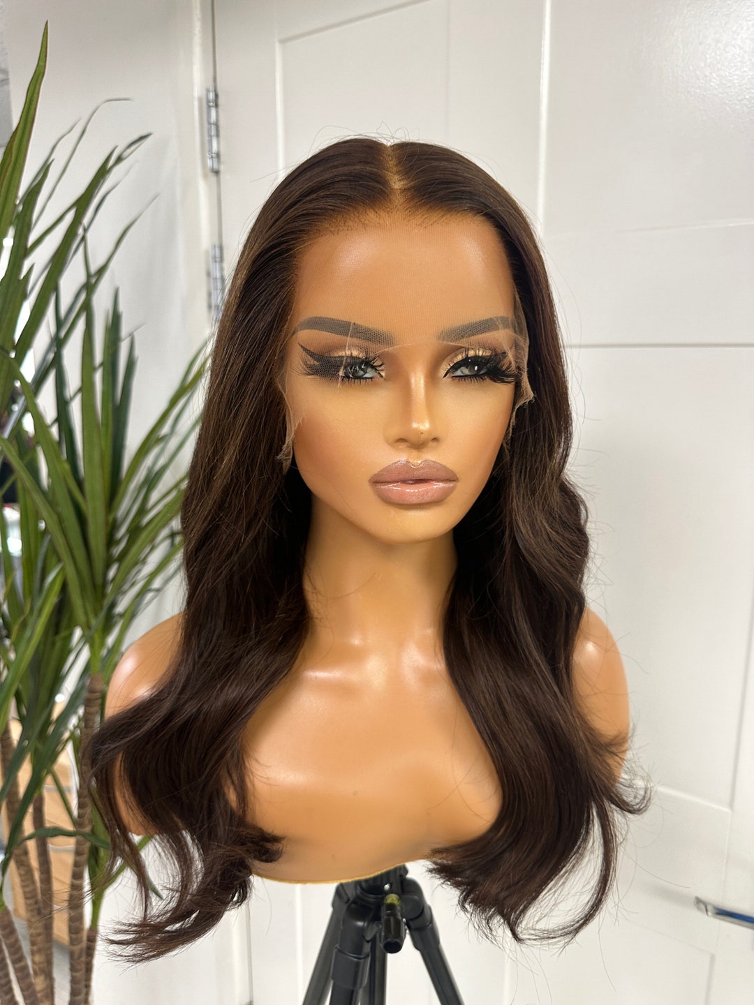 SAM -16 ” Long Rich Chocolate Brown Human Hair HD 13x6 Lace Front Wig ...