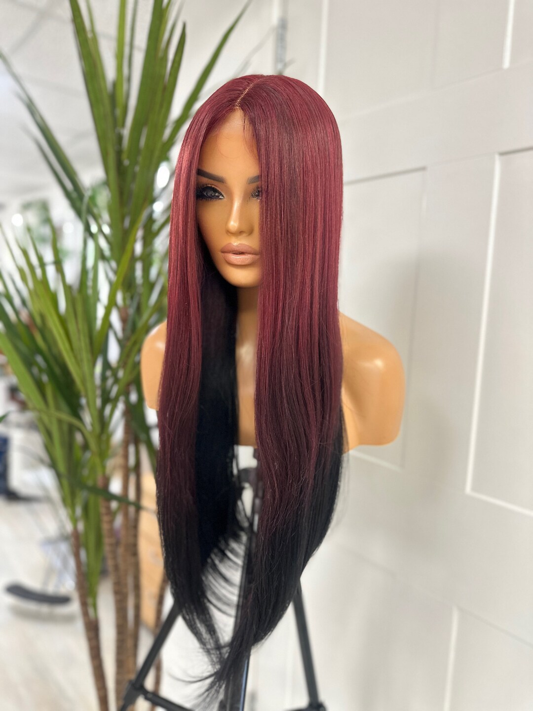 TESS- Straight Extra Long | 3 Tone Dark Red Reverse Ombré | Transparent ...