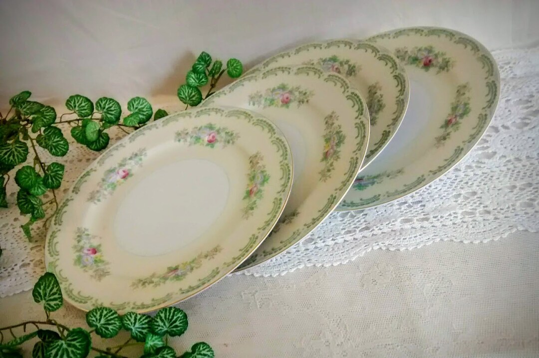 Vintage Meito China Dinner Plates Green With Pink Roses Set of 4 - Etsy