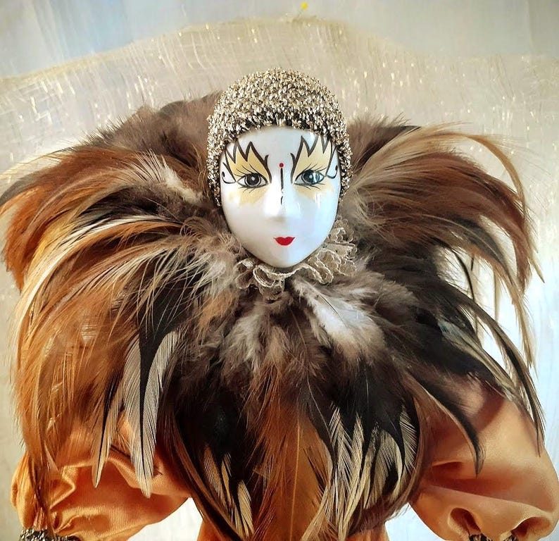 Vintage Pierrot Doll: Hand-painted Porcelain, Feather Ruff, With Stand ...