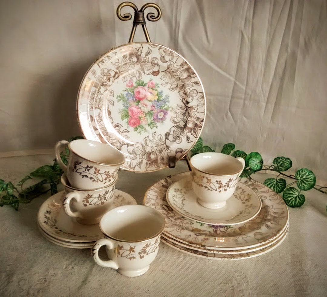 Mismatched Tea Set / White and Gold Tea Set / Pink Rose Tea Set/ Tea ...