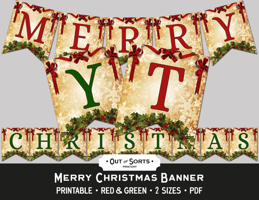 Merry Christmas Banner, Printable Holiday Bunting, Festive Party Decor ...