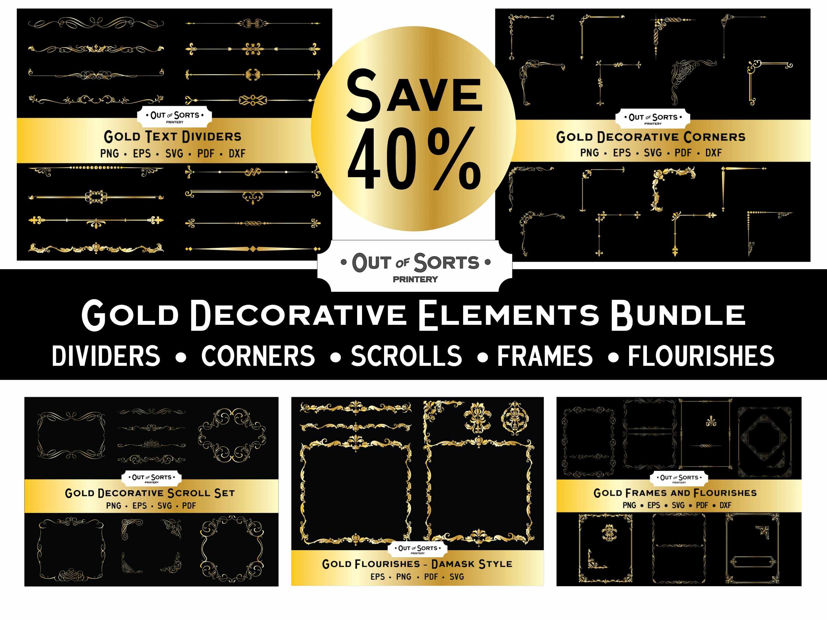 Gold Decorative Elements Bundle, Corners, Dividers, Frames, Scrolls, Flourishes, Borders SVG PNG ...