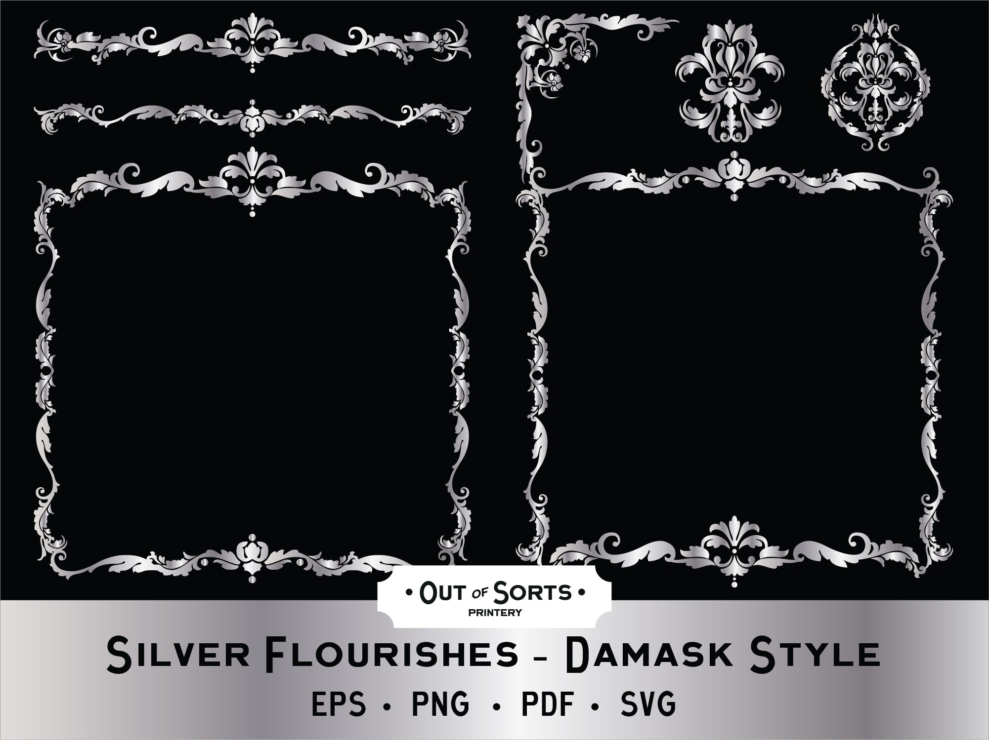 Silver Flourishes and Frames, Damask Elements, Silver Ornaments SVG, Silver Clipart Borders ...