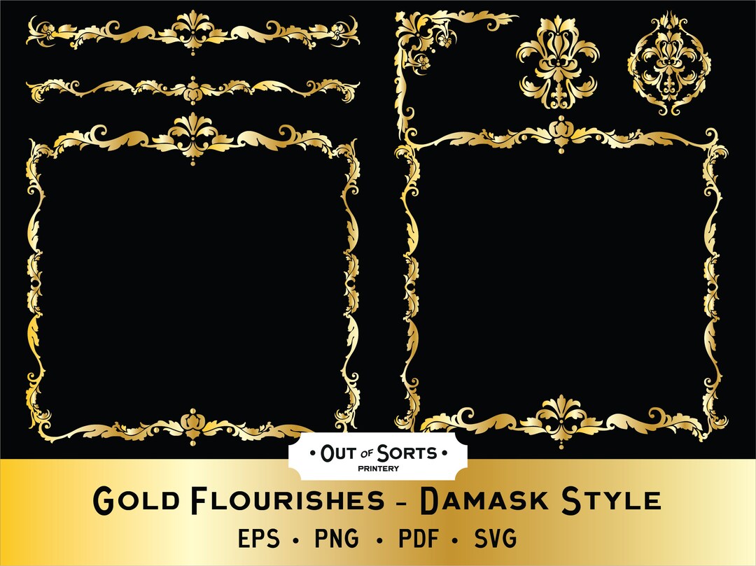 Gold Flourishes and Frames, Damask Elements, Ornaments SVG, Clipart ...