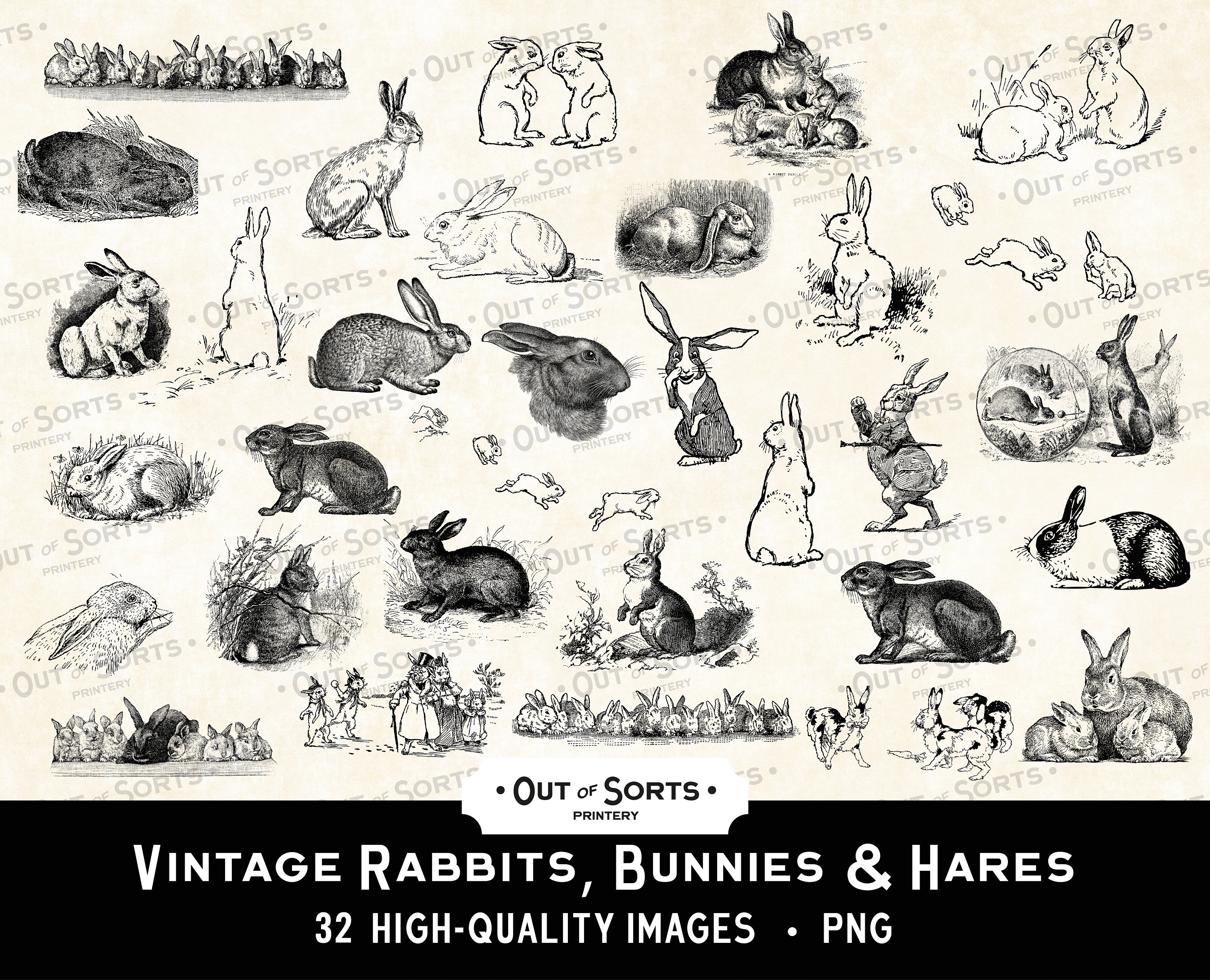Rabbits, Bunnies and Hares Clipart, Easter Overlays, Vintage Collage ...