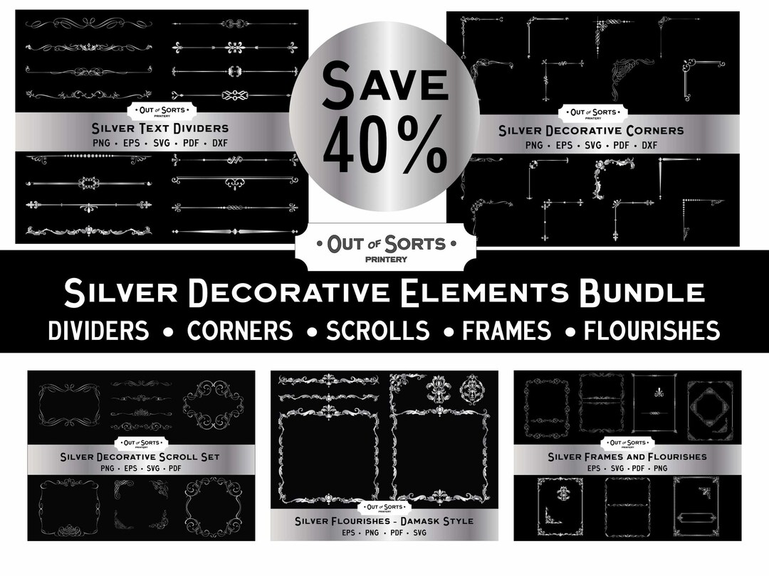 Silver Decorative Elements Bundle, Ornaments Set, Swirls and Flourishes ...