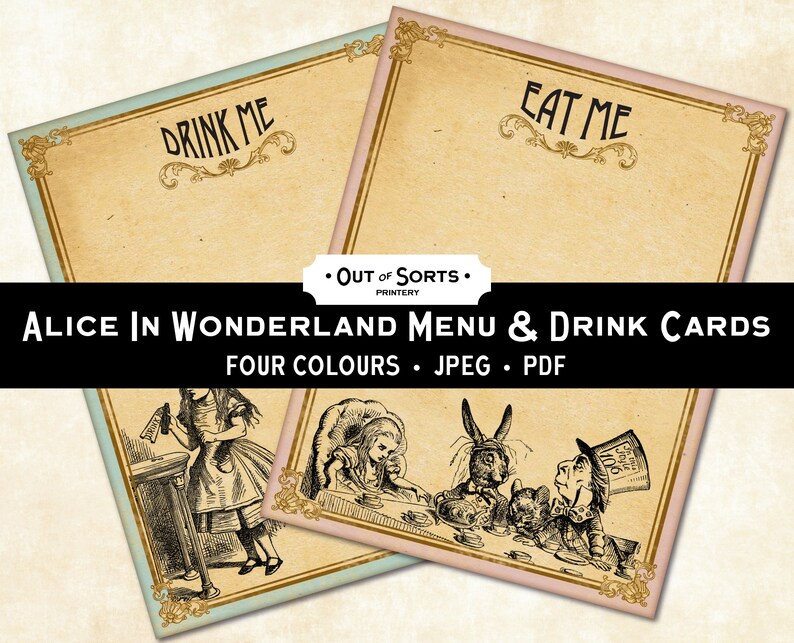 Alice in Wonderland Menu and Drink Card Set, Eat Me Drink Me, Printable ...