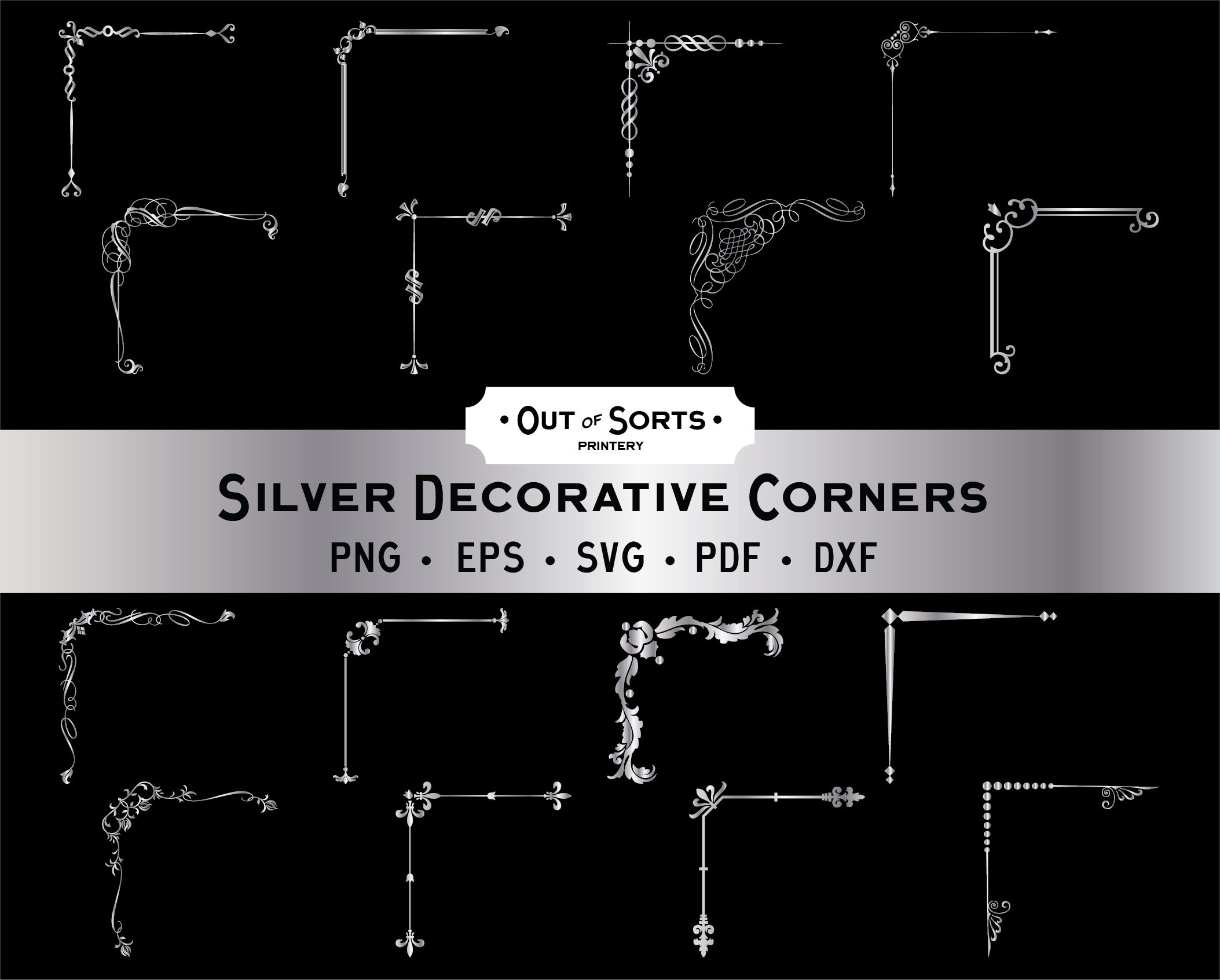 Silver Decorative Corners, SVG Ornaments, Silver Clip Art, Vintage ...