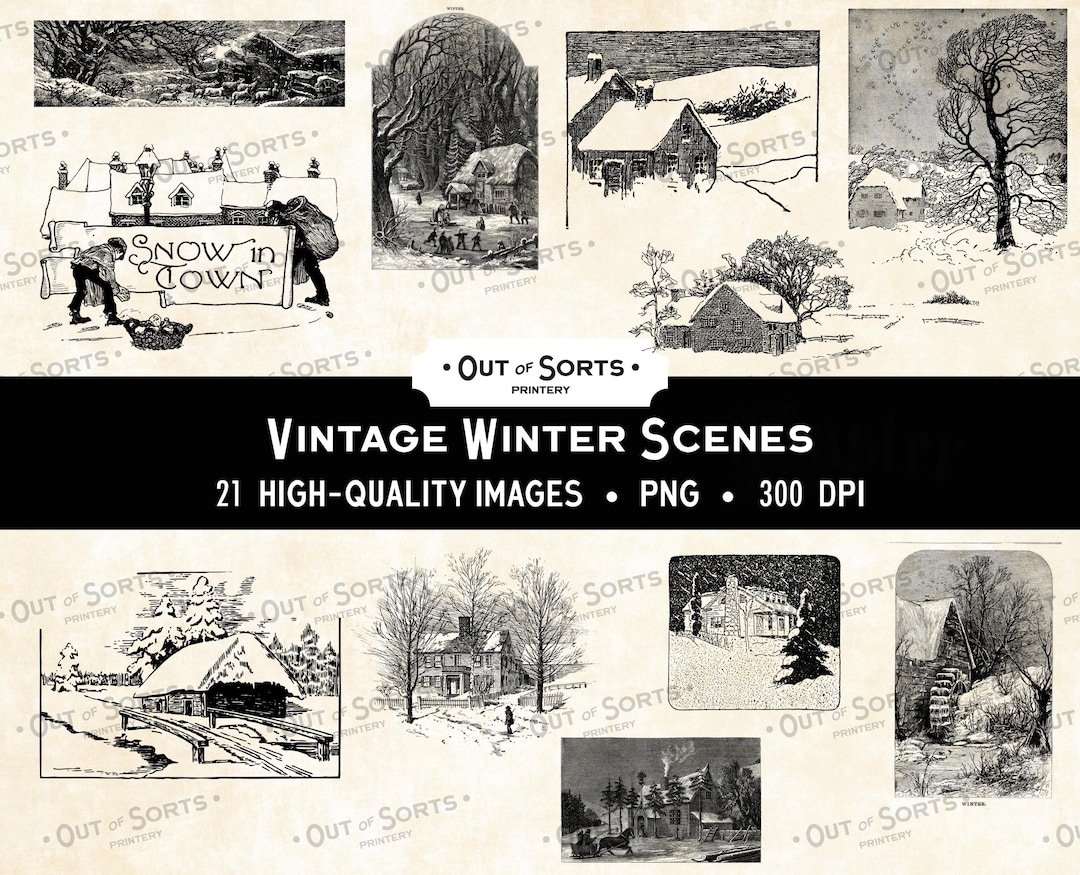 Vintage Winter Scene Clipart, Snowy Landscape PNG, Overlays and Collage ...