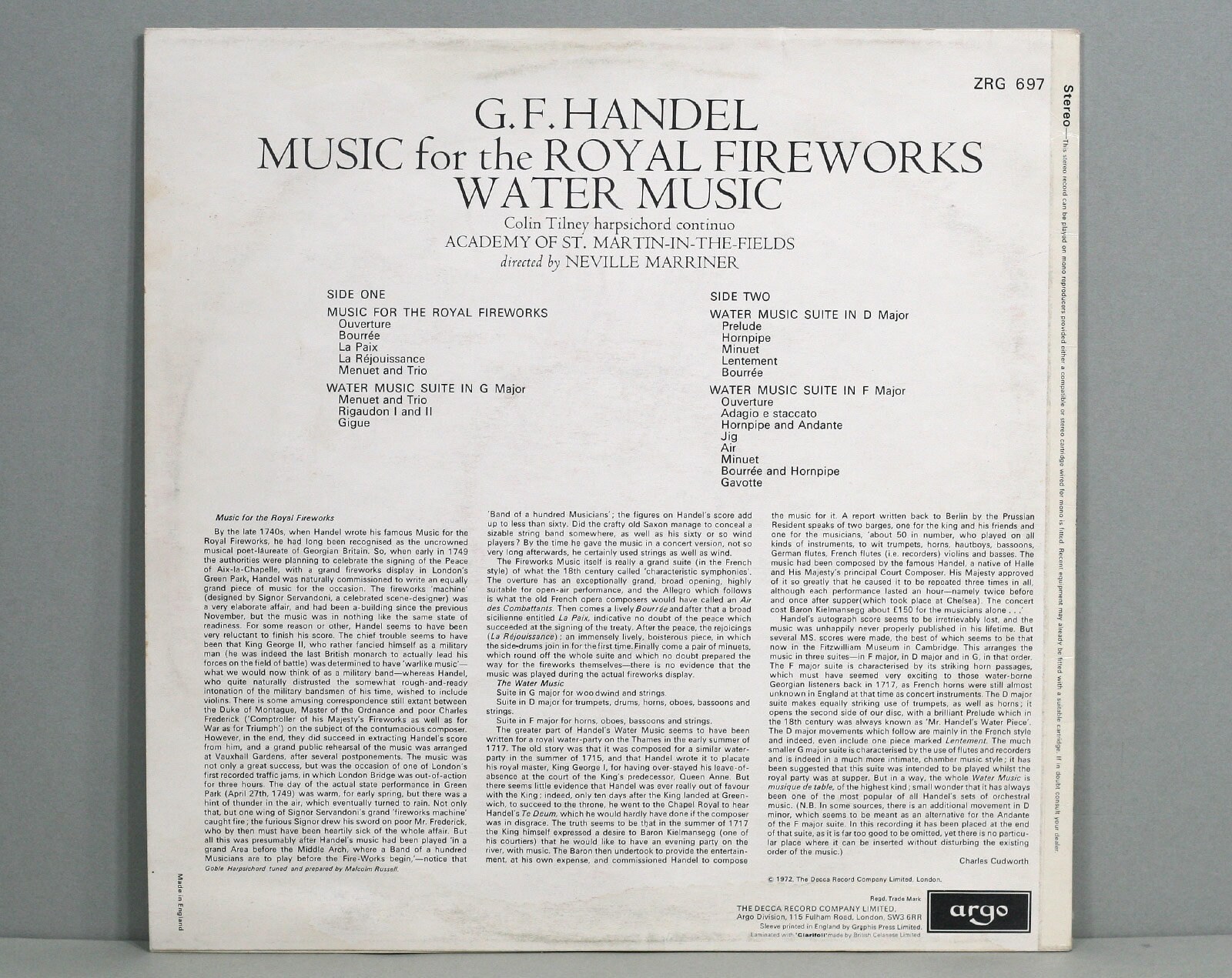 Handel Music for the Royal Fireworks / Water Music Vintage Vinyl LP ...