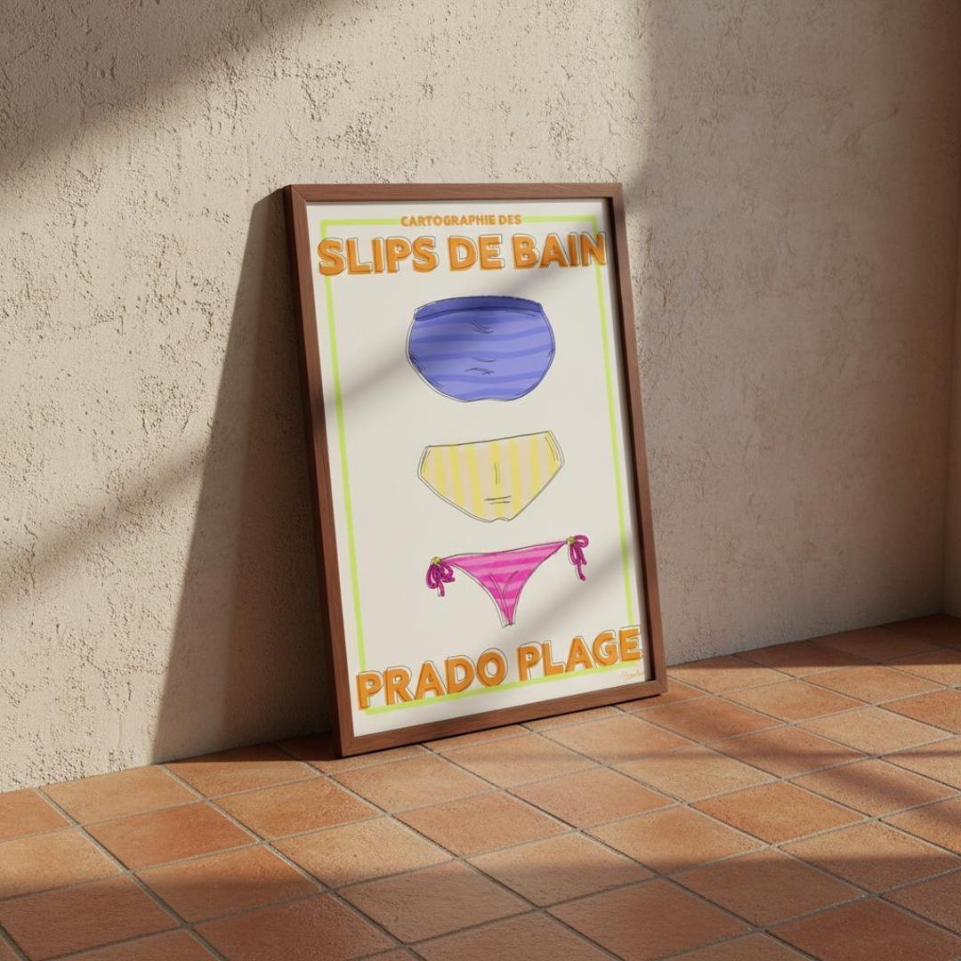Funny Beach Humor Poster - Marseille Prado Swimwear Map Art - Colorful ...