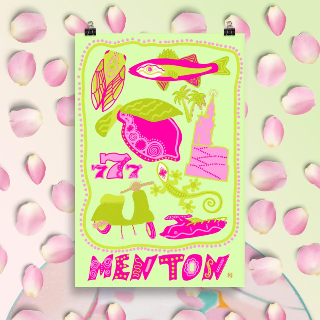 Menton Pop Art Poster - Colorful Summer Illustration, Beach and Travel ...