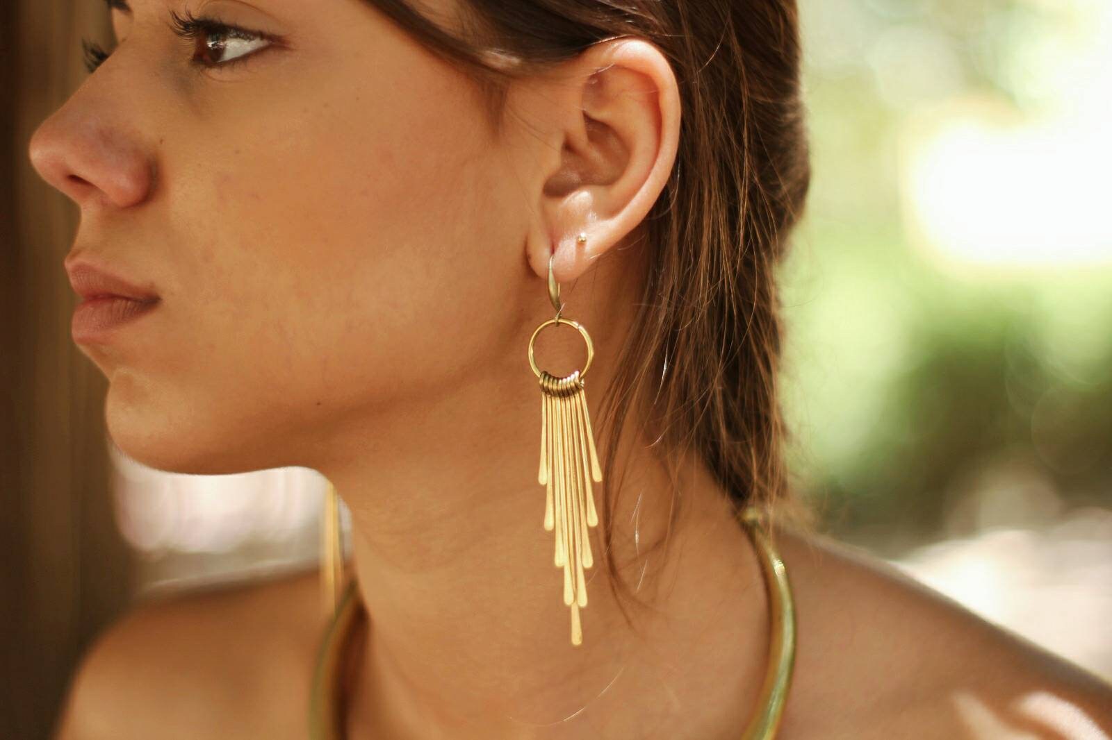 Long Fringe Brass Earrings Long Dangle Earrings Statement - Etsy