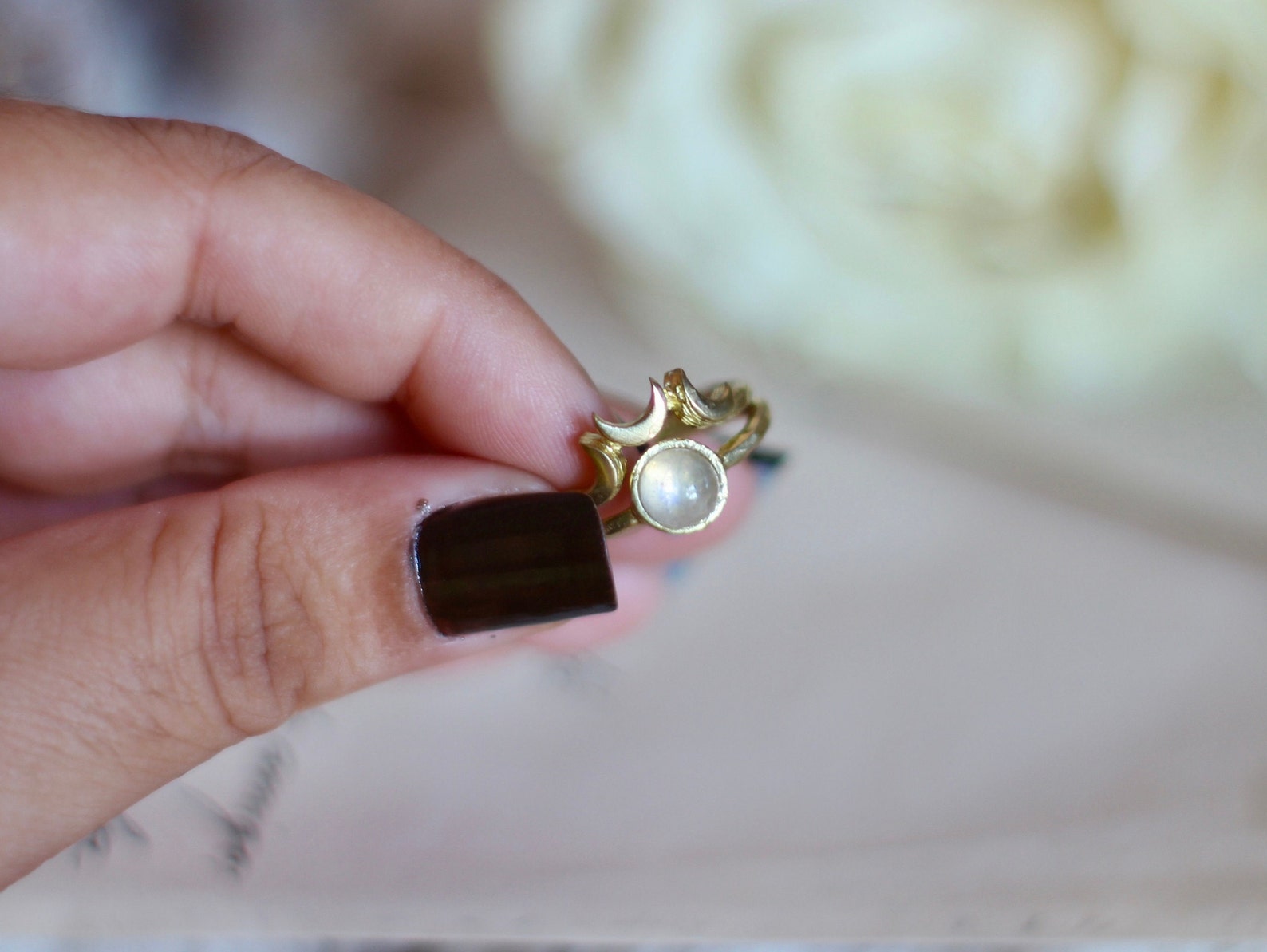 Triple Moon Ring With Moonstone, Moon Phase Gold Ring, Crescent Moon ...