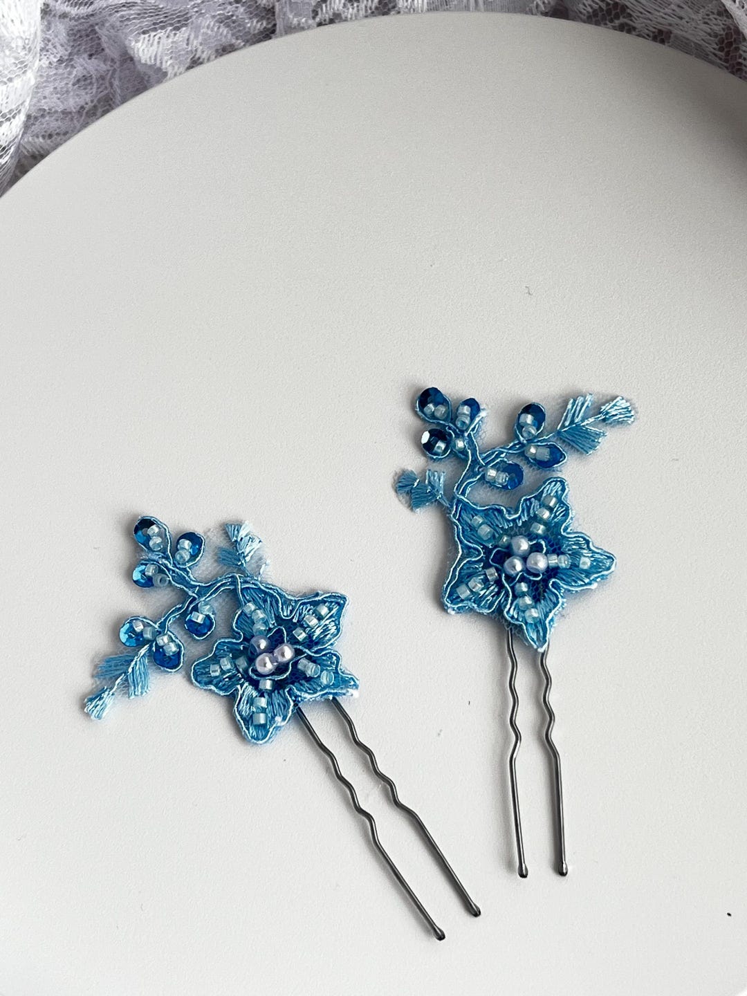 Blue Beaded Wedding Hair Pin, Bridal Lace Hair Pin, Blue Lace With ...