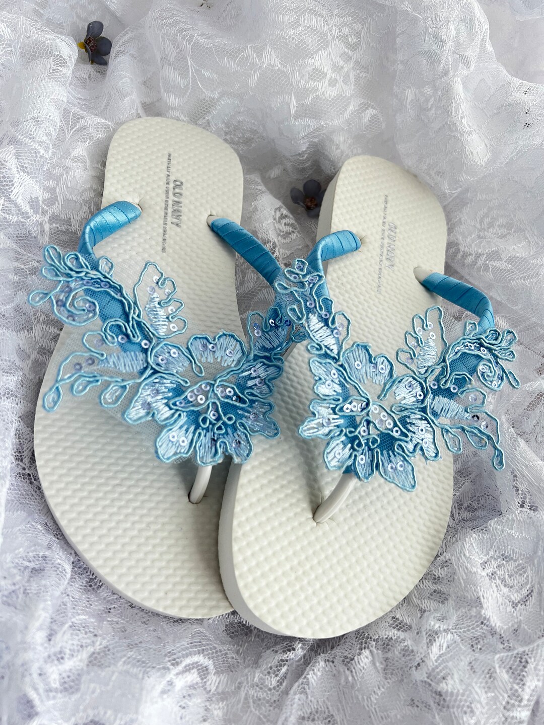 Blue Mist Lace Wedding Flip Flops, Bridal Sequin Sandals - Etsy