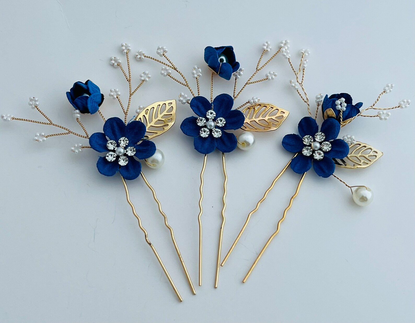 Royal Blue Flower Hair Pin, Royal Blue Flower and Gold Leaf Bridal Pins ...