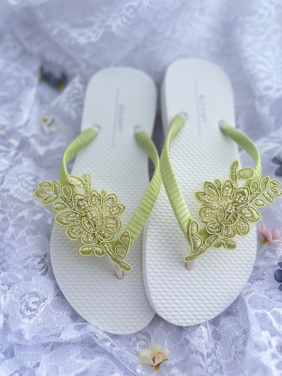 Peridot Lace Flip Flop, Lace Beaded Green Wedding Sandals, Beach Bride ...