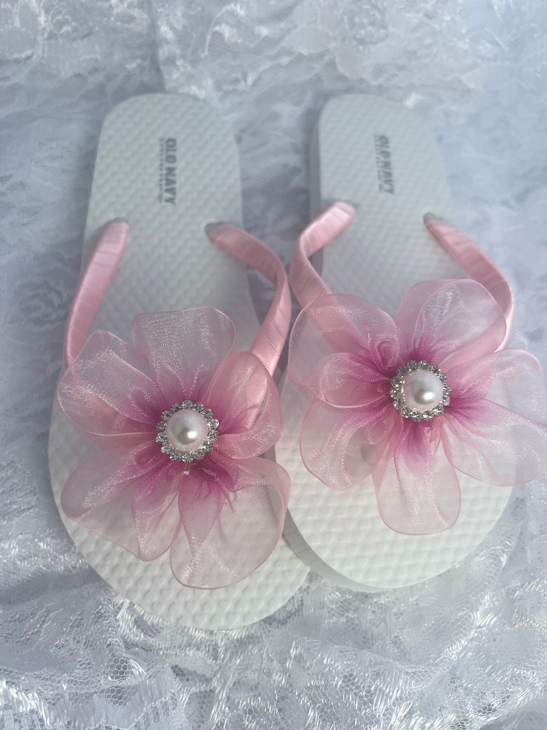 Pink Organza Flower Flip Flops, Organza Flower Flip Flops, Bridal ...