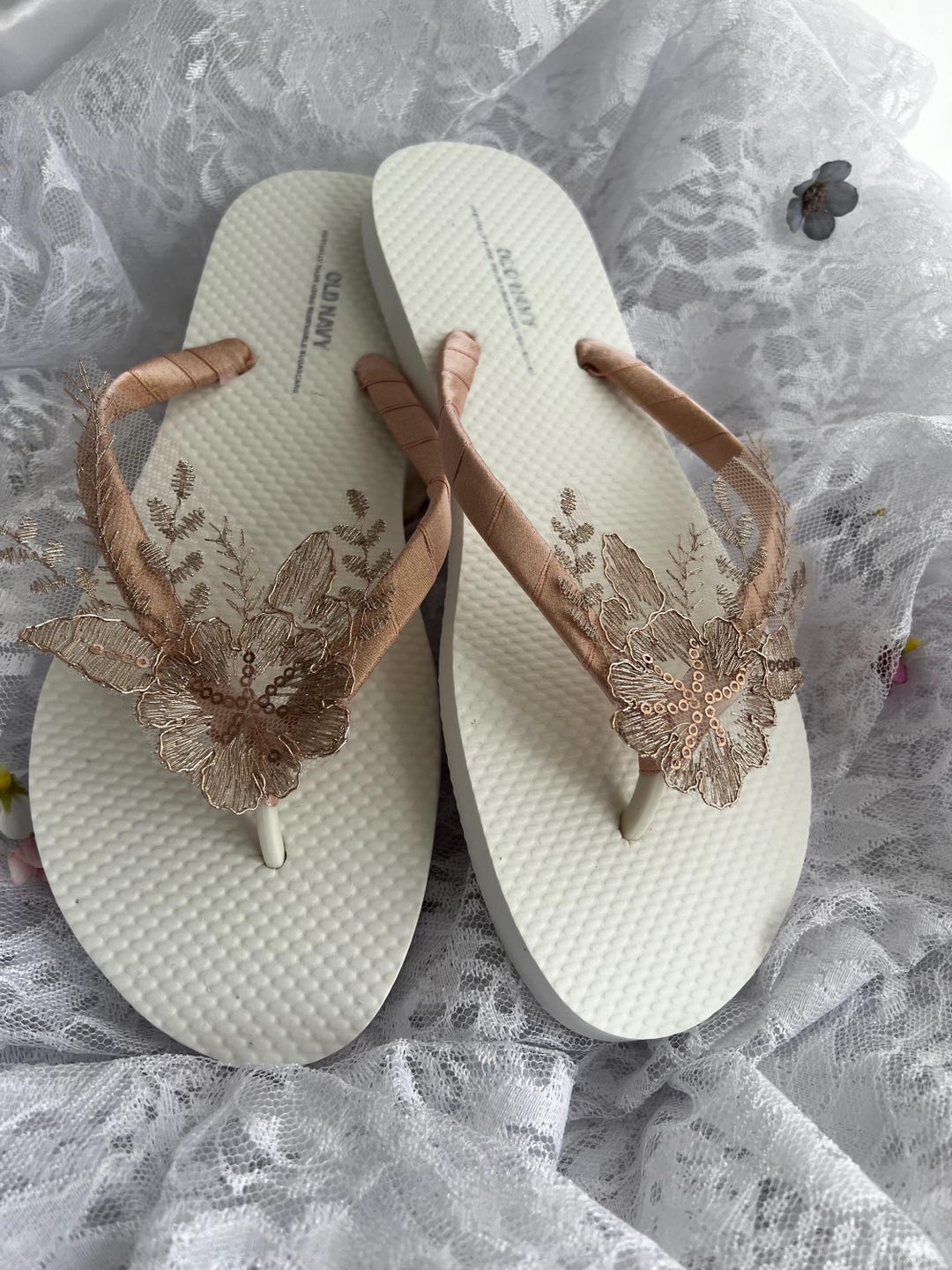 Rose Gold Lace Bridal Flip Flops, Gold Rose Lace With Sequins Flip ...