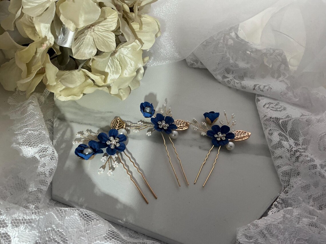 Royal Blue Flower Hair Pin, Royal Blue Flower and Gold Leaf Bridal Pins ...