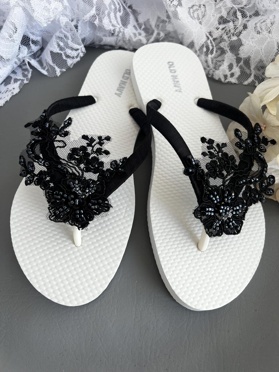 Black Lace Bridal Flip Flops, Beaded Wedding Sandals - Etsy