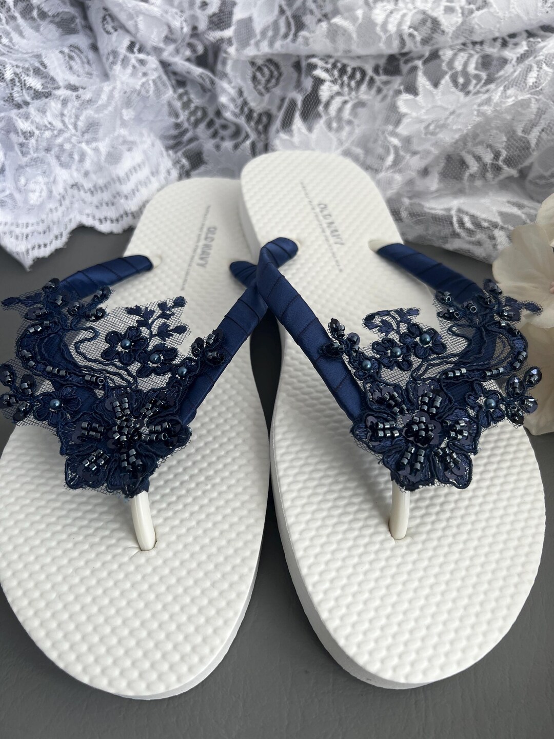 Navy Blue Lace Bridal Flip Flops, Navy Lace With Pearls and Sequins ...