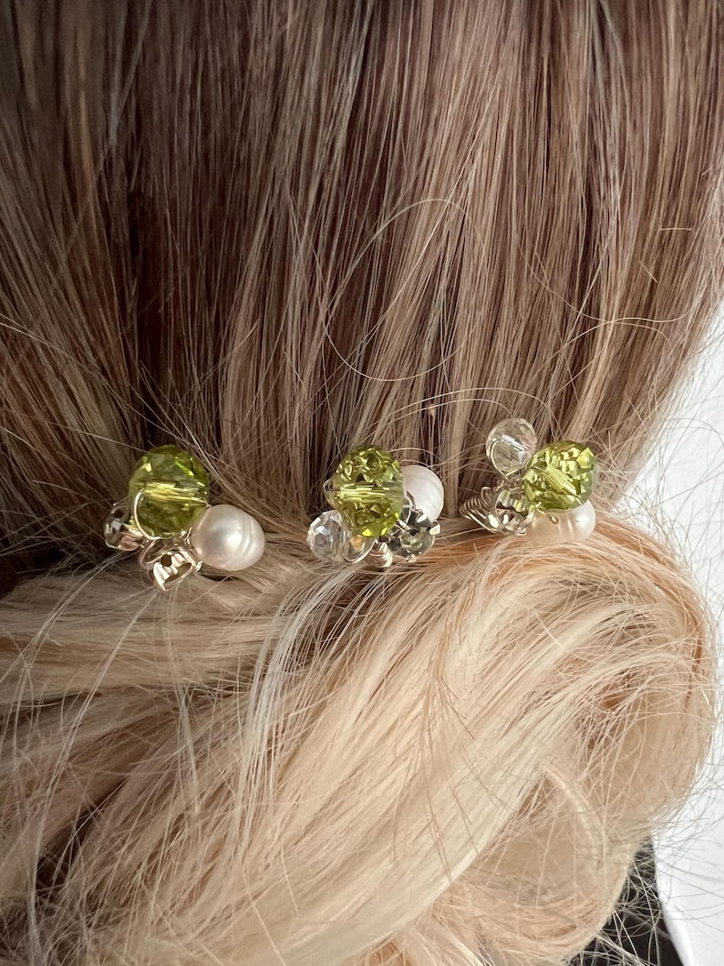 Green Crystal Bead Hair Pin, White Pearl Rhinestone Set of Three - Etsy