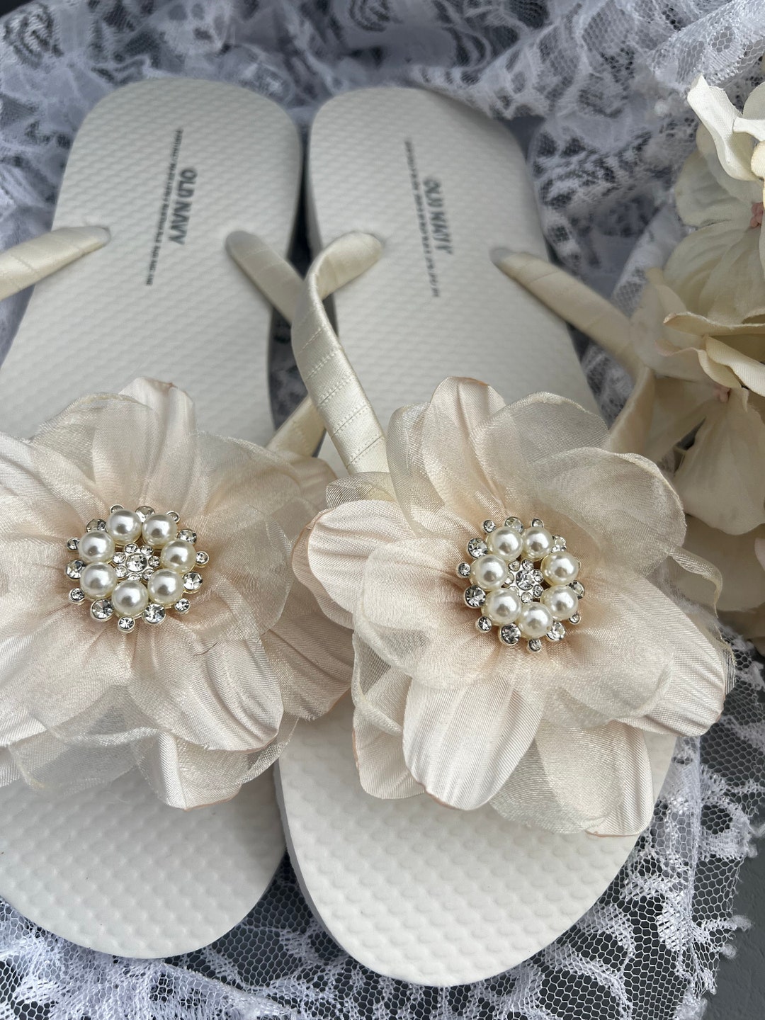 Bride Ivory Flower Flip Flops, Ivory Bridal Flip Flops, Ivory Flower ...