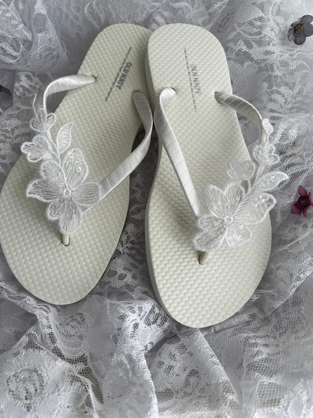 White Lace Flip Flop, Bridal Sandals, Lace Sequins Wedding Sandals ...
