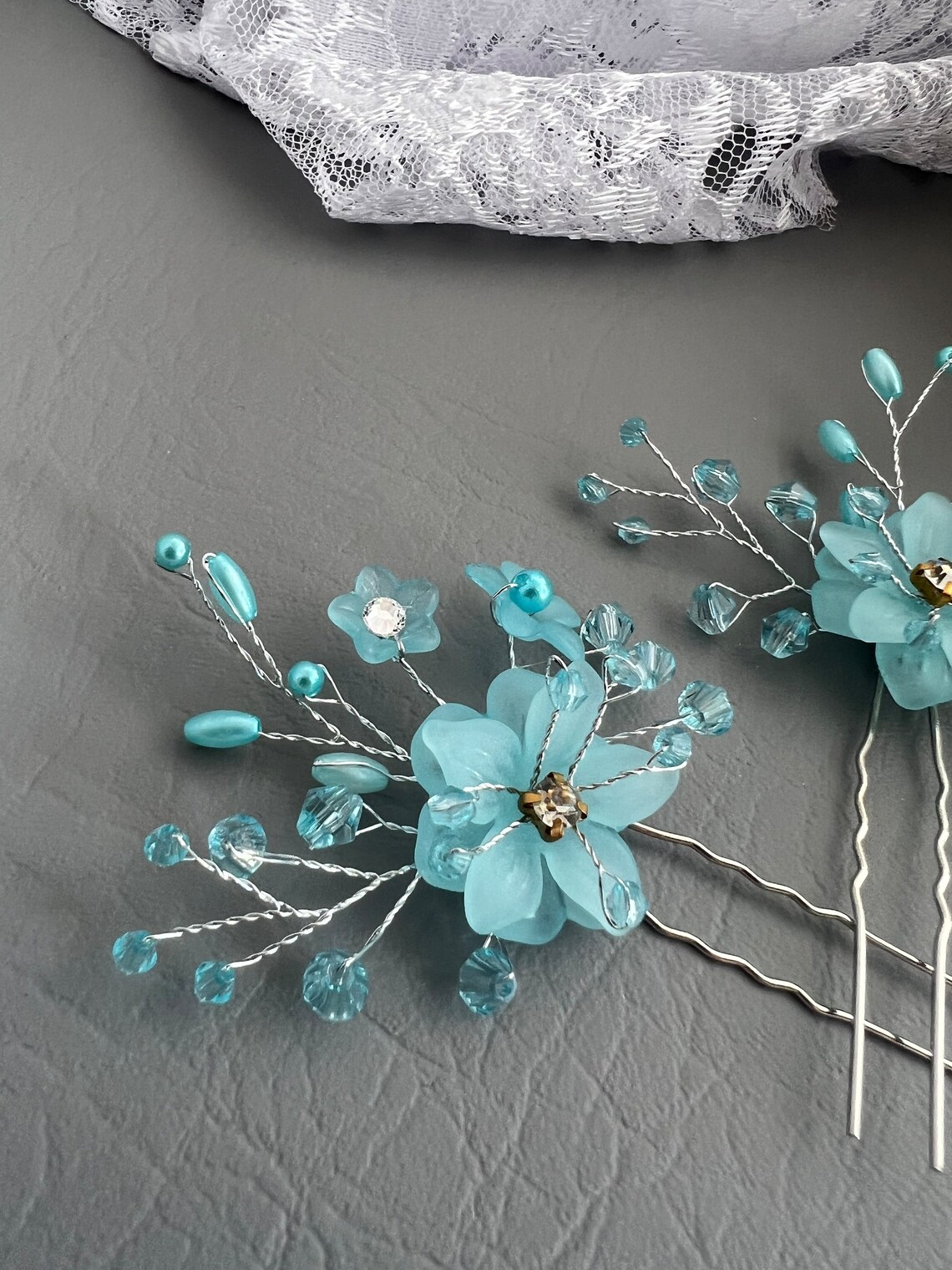 Blue Flower Hair Pieces Pearls and Rhinestones, Bridal Turquoise Hair ...