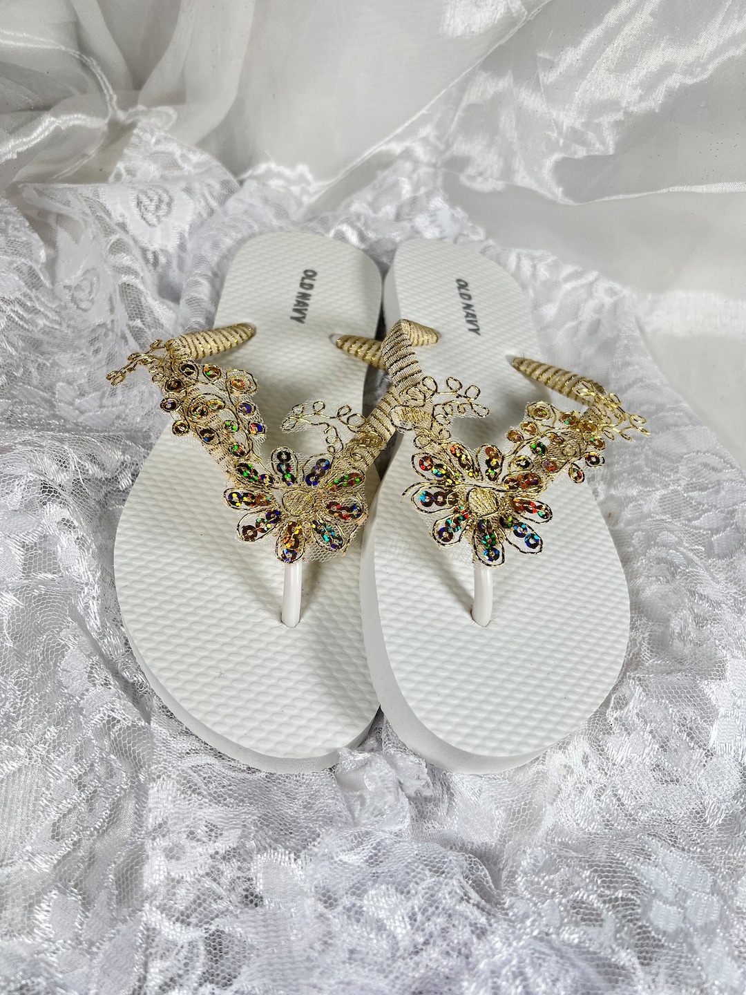 Gold Bridal Lace Flip Flops, Iridescent Bridal Sandals, White Flip ...