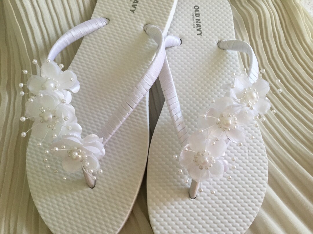 Bridal Flip Flops, White Flower Wedding Sandals, Flower Flip Flop ...