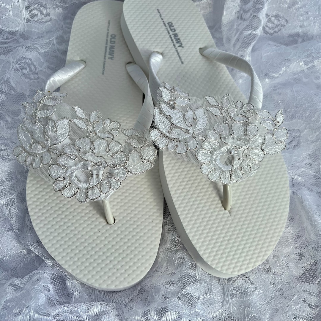Whitesilver Lace Bridal Flip Flops, White Lace Flip Flops, White and ...