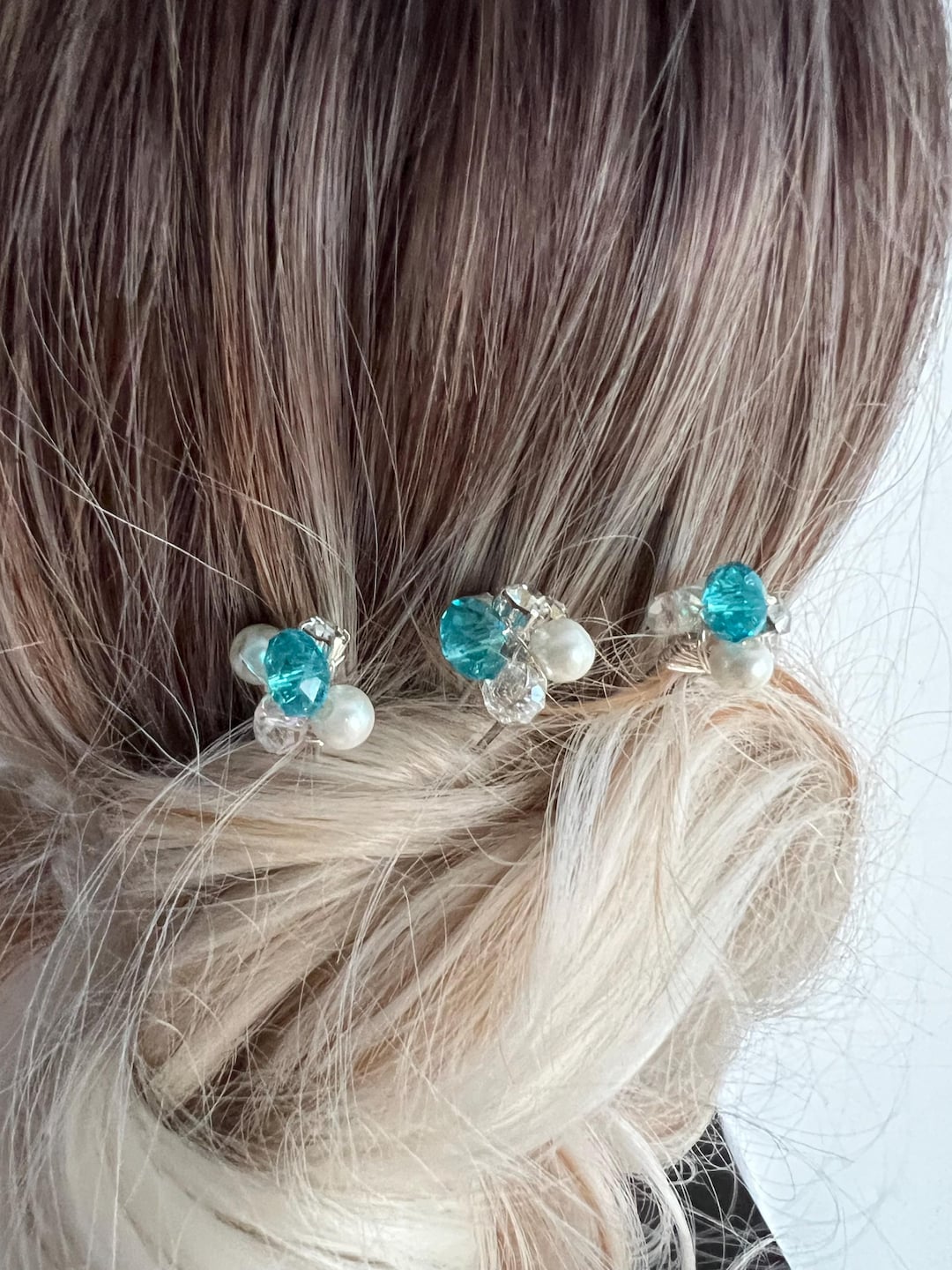 Turquoise Crystal Bead Hair Pin, Bridal Hair Pin With Glass White ...