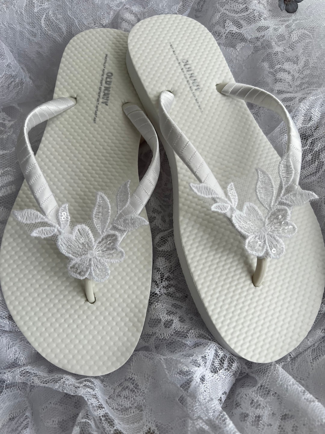 White Lace Flip Flop, Bridal Sandals, Lace Pearl Wedding Sandals, Beach ...