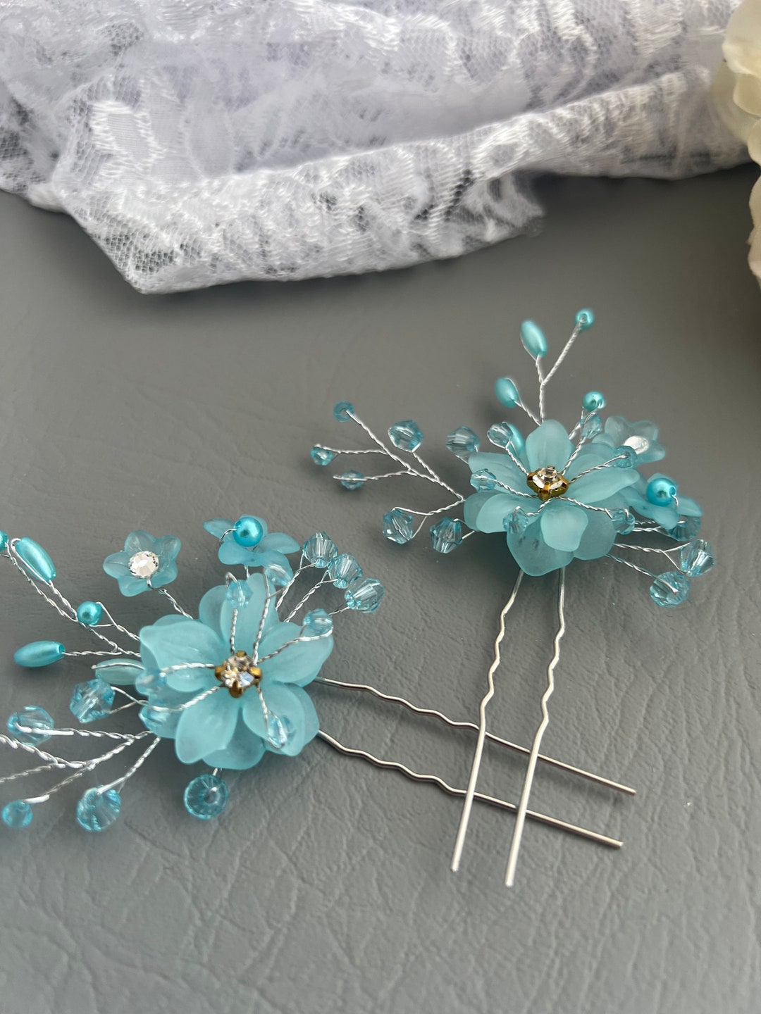Blue Flower Hair Pieces Pearls and Rhinestones, Bridal Turquoise Hair ...