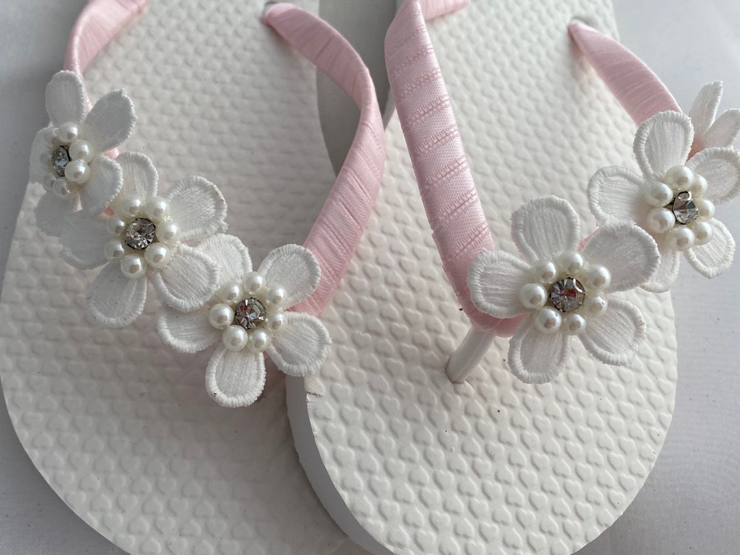 Flower Girl Pink Flip Flops, Pink Wedding Sandals, White Flowers Girl ...