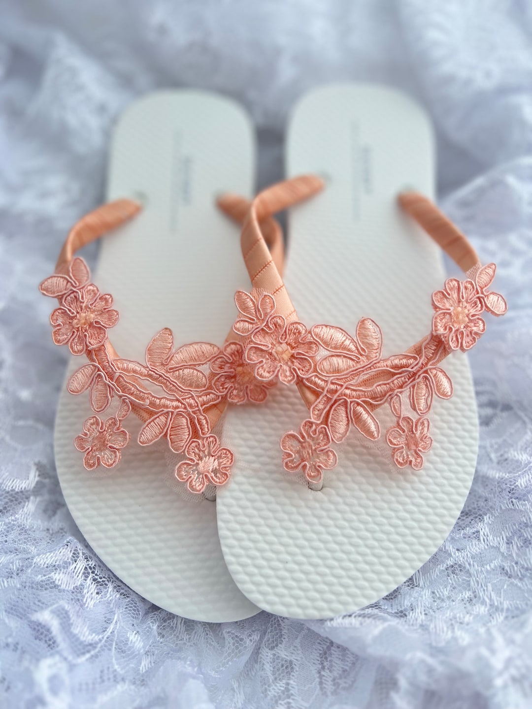 Coral Lace Flip Flop, Bridal Sandals, Lace Beaded Peach Wedding Sandals ...